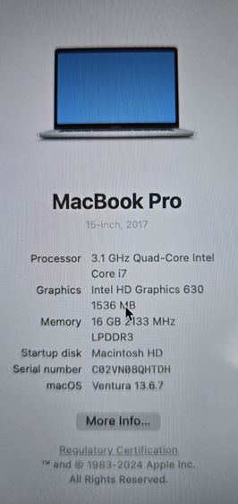 MACBOOK PRO 15 INCH TOUCH BAR สภาพดีมาก i7 ,Ram 16GB , SSD 1 TB , Cycle ...