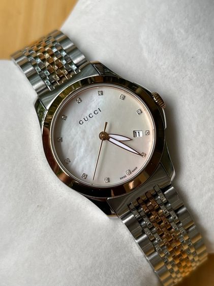 GUCCI G Timeless 27 mm Two Tone Mother of Pearl Diamond Lady Watch ...